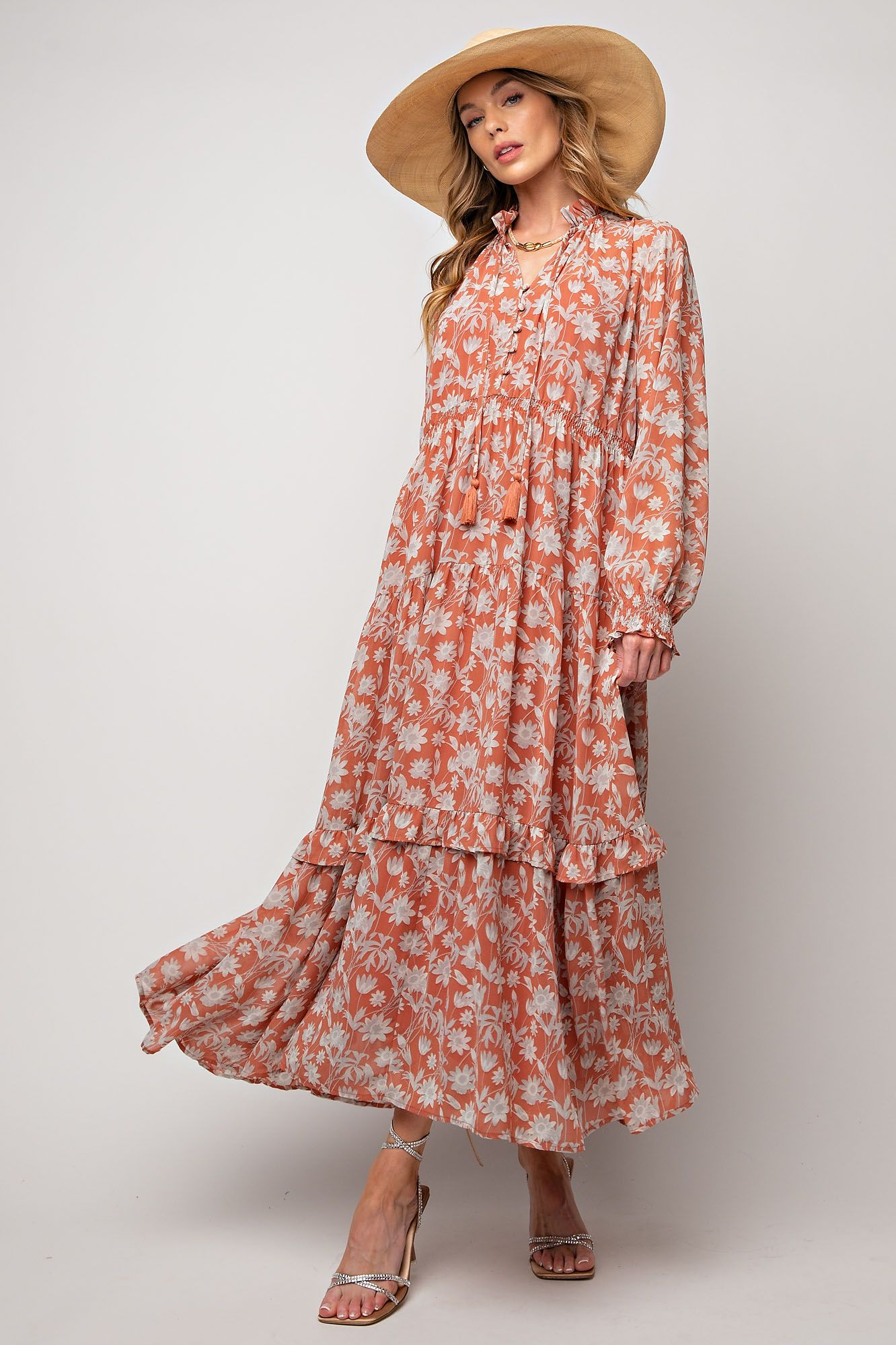 Rust Floral Printed Chiffon Dress – Snazzy Stitches Boutique